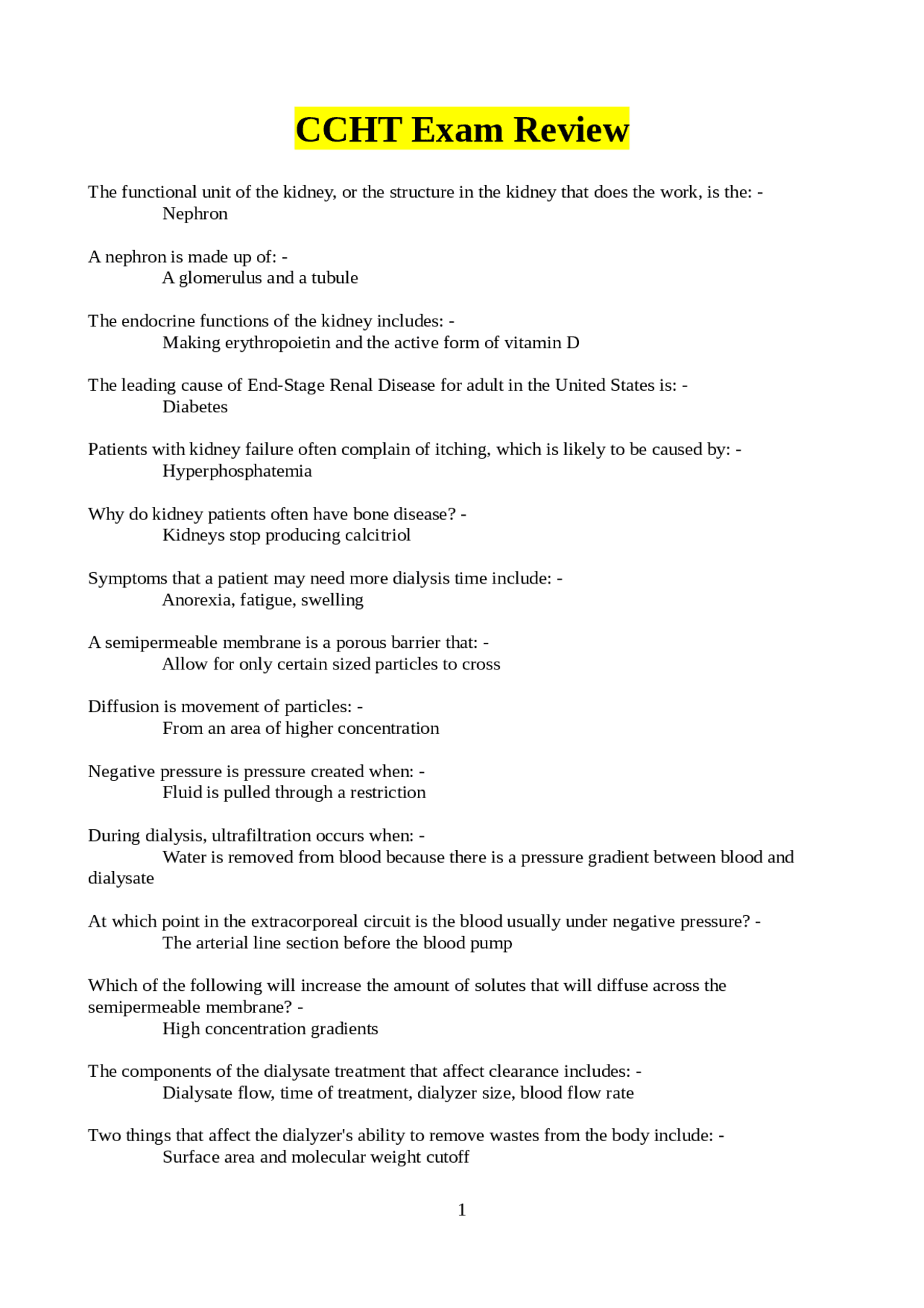 CCHT Exam Review CCHT Exam Review | Exams Nursing | Docsity