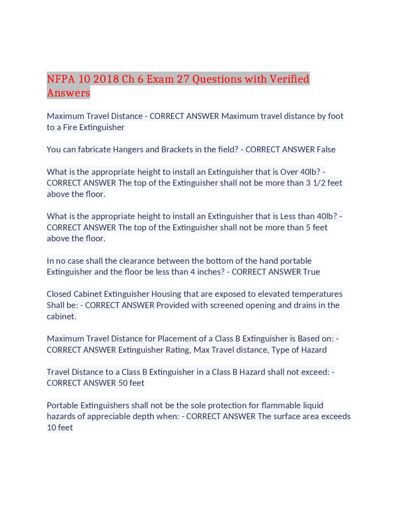 NFPA 10 2018 Chapter 6 Exam: Fire Extinguisher Placement and ...