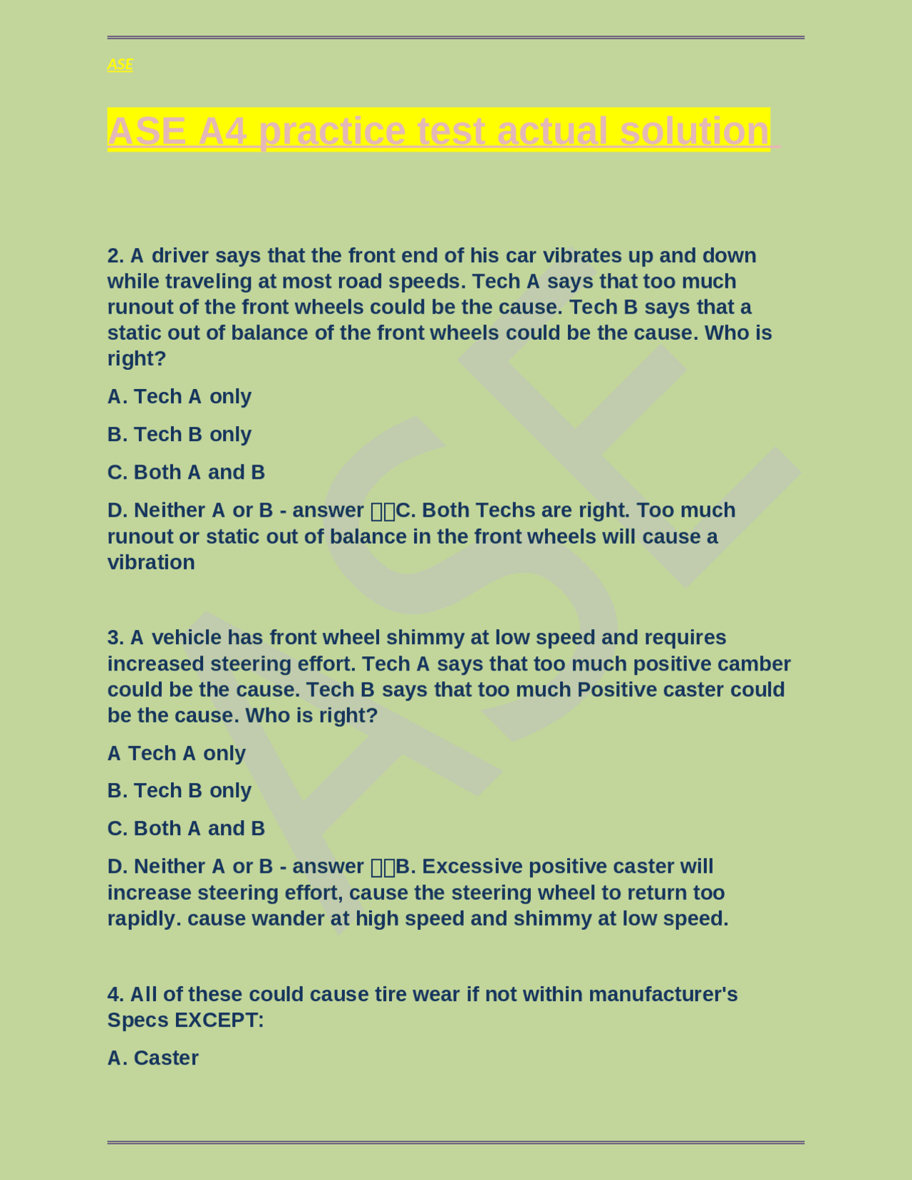 ASE A4 practice test actual solution | Exams Nursing | Docsity