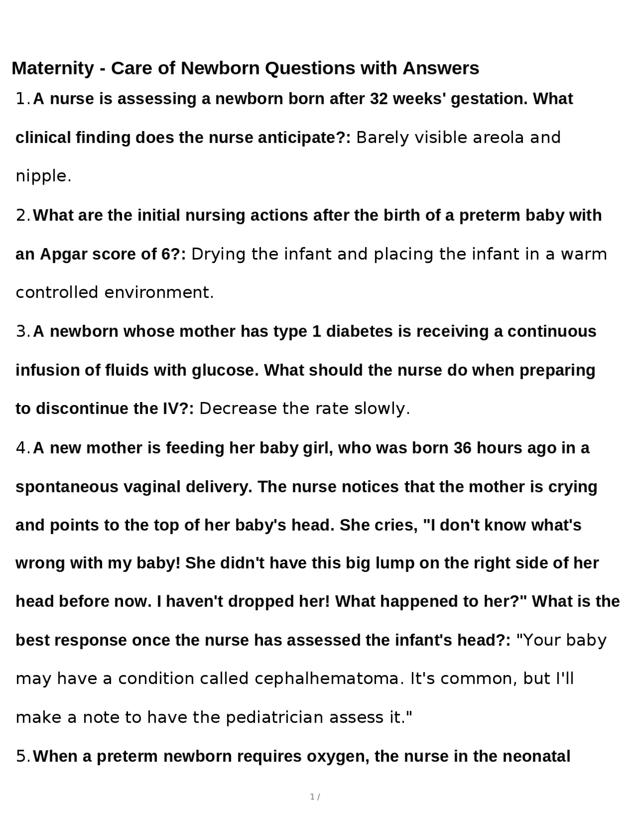 Maternity - Care of Newborn Questions with Answers | Quizzes Nursing ...