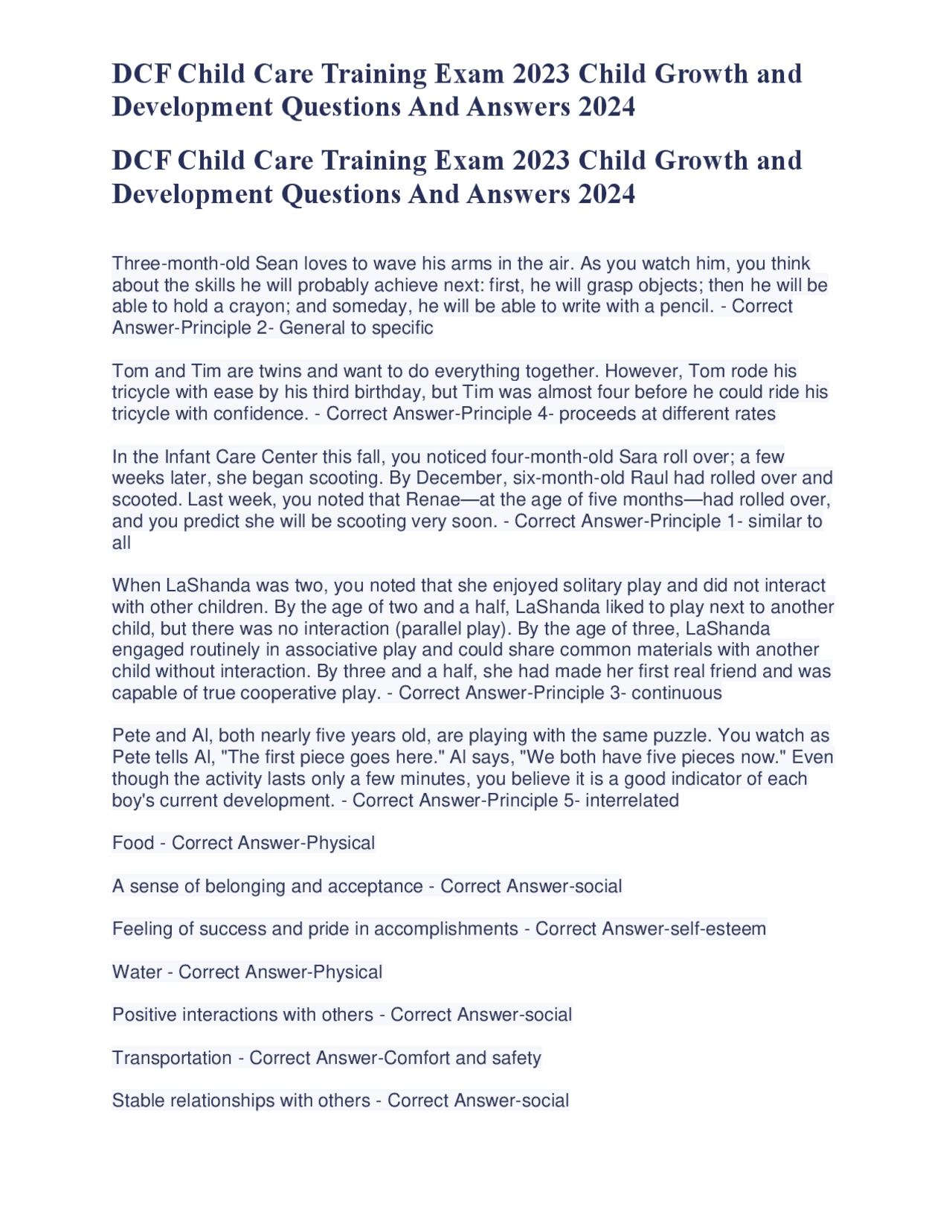 DCF Child Care Training Exam 2023 Child Growth and Development Questions And Answers 2024 ...