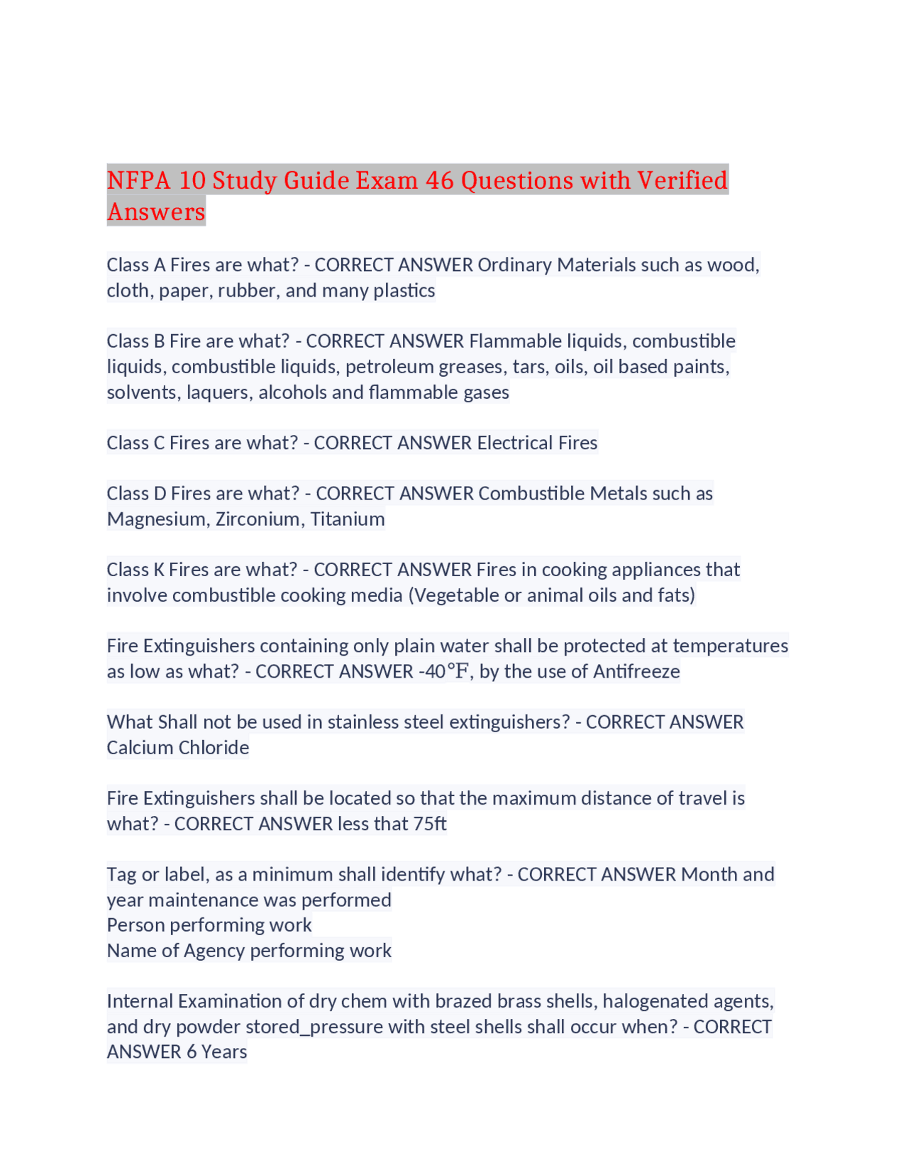 NFPA 10 Study Guide Exam 46 Questions with Verified Answers,100% CORRECT | Exams Safety and Fire ...