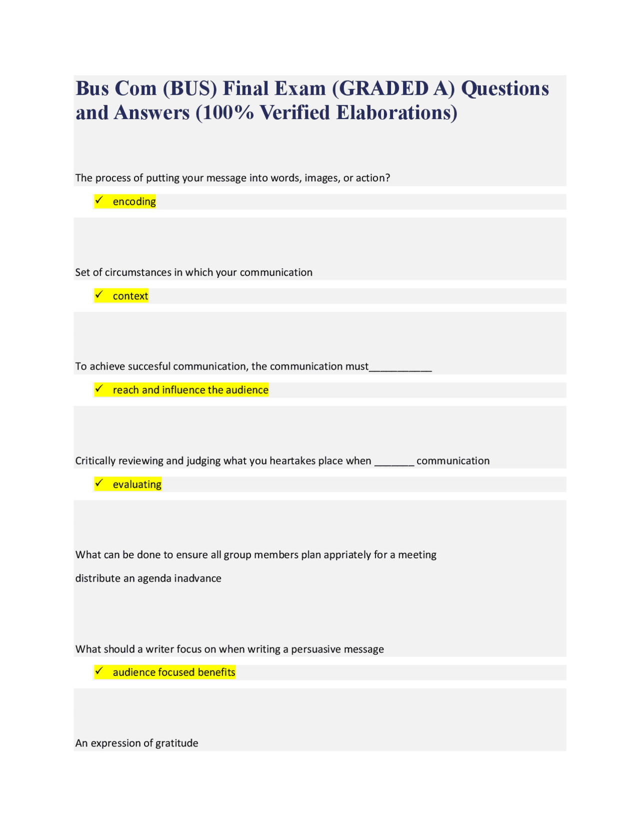 Business Communication Final Exam Questions and Answers | Exams Business Systems | Docsity