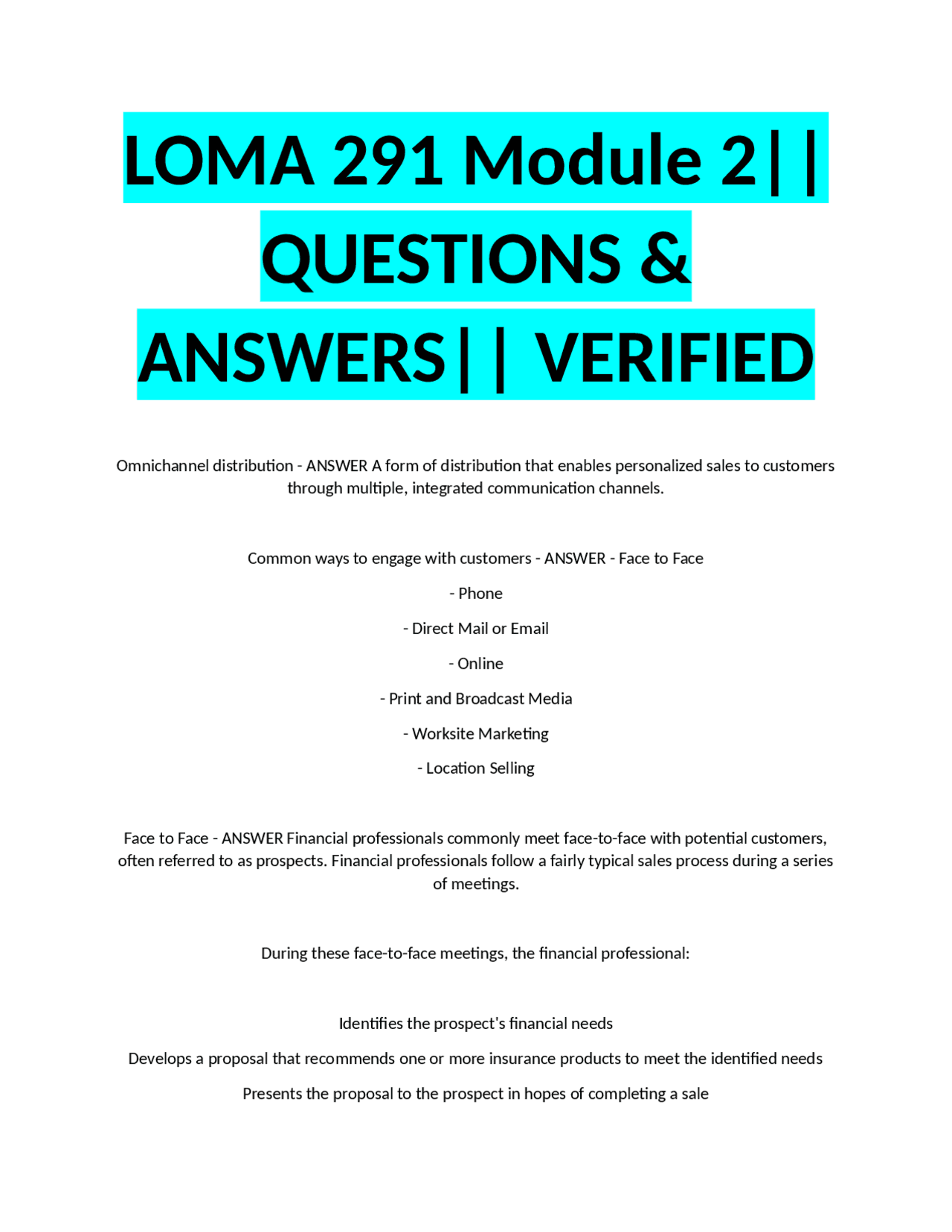 LOMA 291 Module 2|| QUESTIONS & ANSWERS|| VERIFIED | Exams Insurance ...