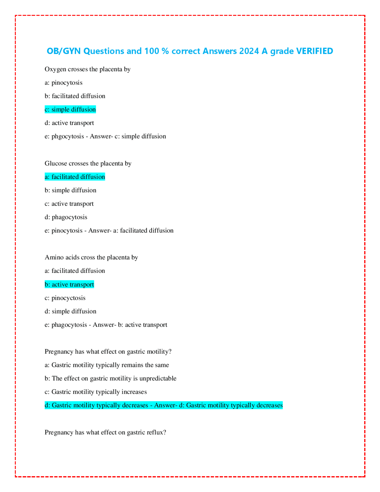 OB/GYN Questions and 100 % correct Answers 2024 A grade VERIFIED | Exams Nursing | Docsity