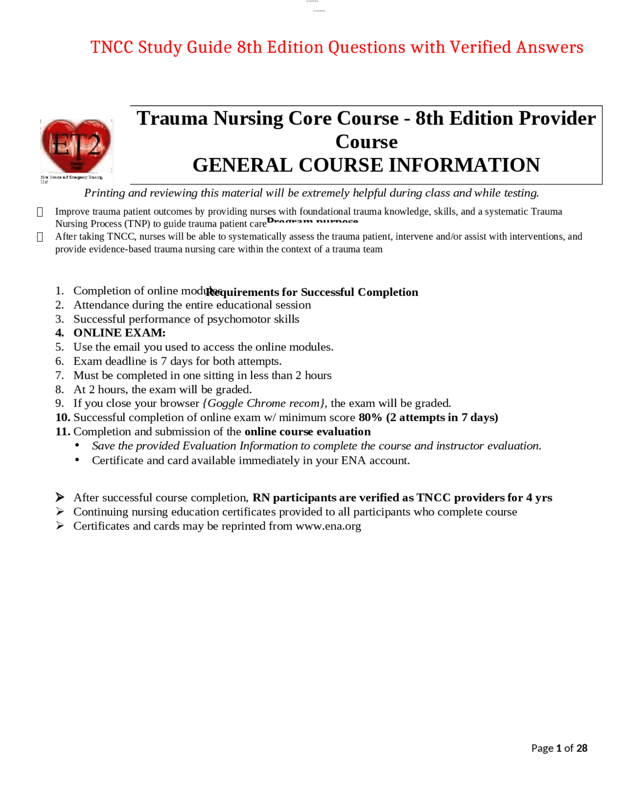 TNCC Study Guide 8th Edition Questions with Verified Answers,100% CORRECT | Exams Nursing | Docsity