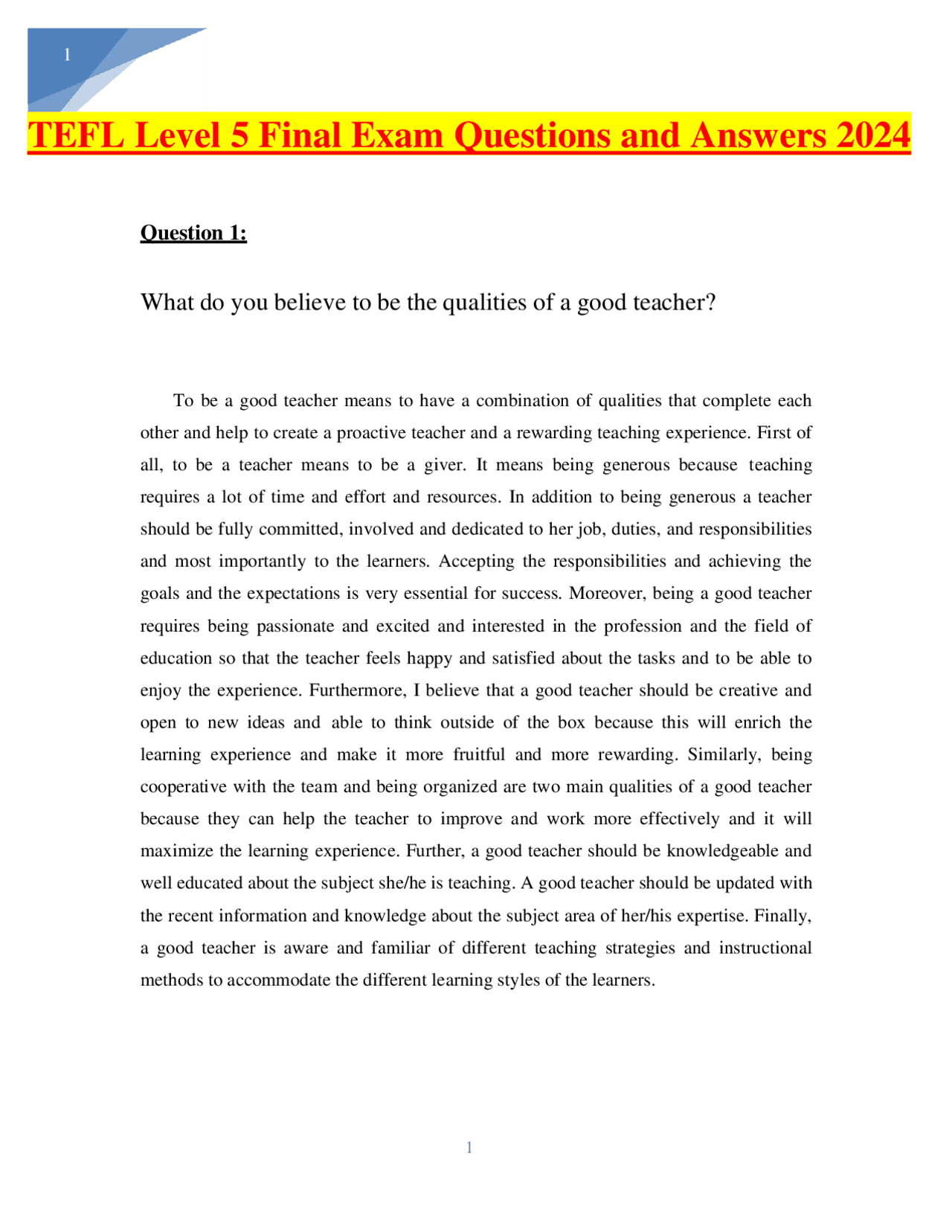 TEFL Level 5 Final Exam Questions and Answers 2024 | Exams English Literature | Docsity