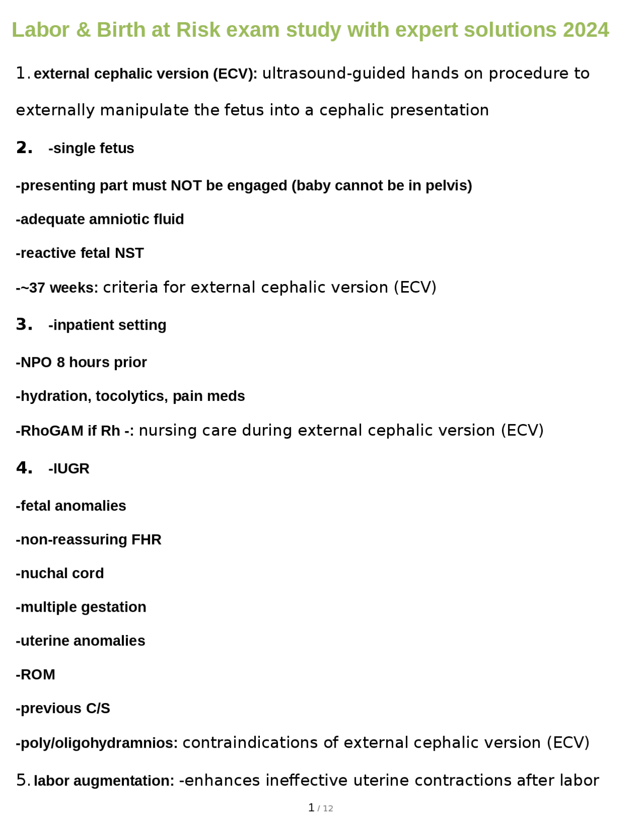 Labor & Birth at Risk Exam Study with Expert Solutions 2024 | Exams ...