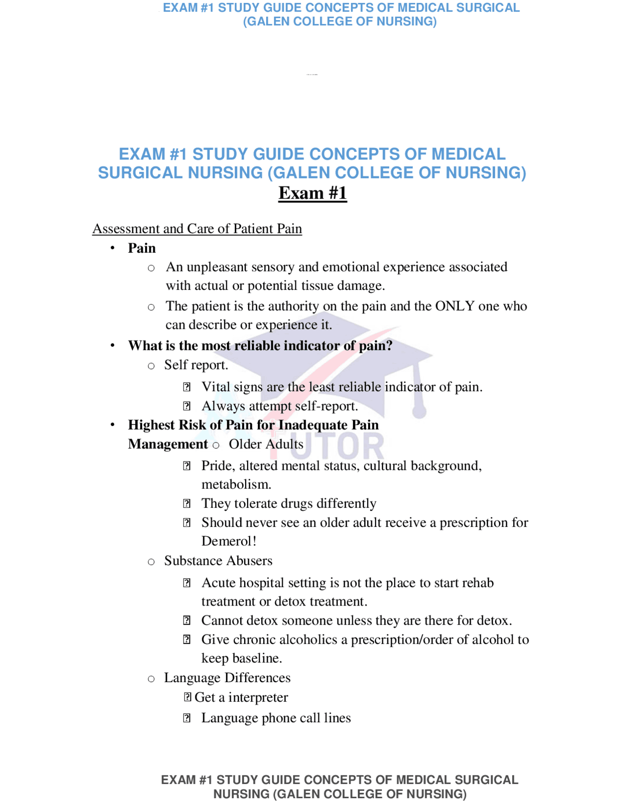 EXAM #1 STUDY GUIDE CONCEPTS OF MEDICAL SURGICAL NURSING (GALEN COLLEGE OF NURSING).pdf | Exams ...