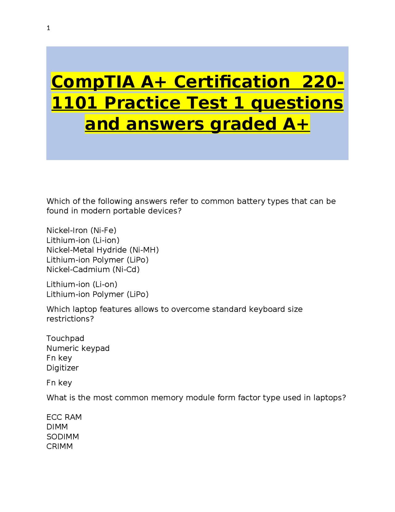 CompTIA A+ Certification 220-1101 Practice Test 1 questions and answers ...