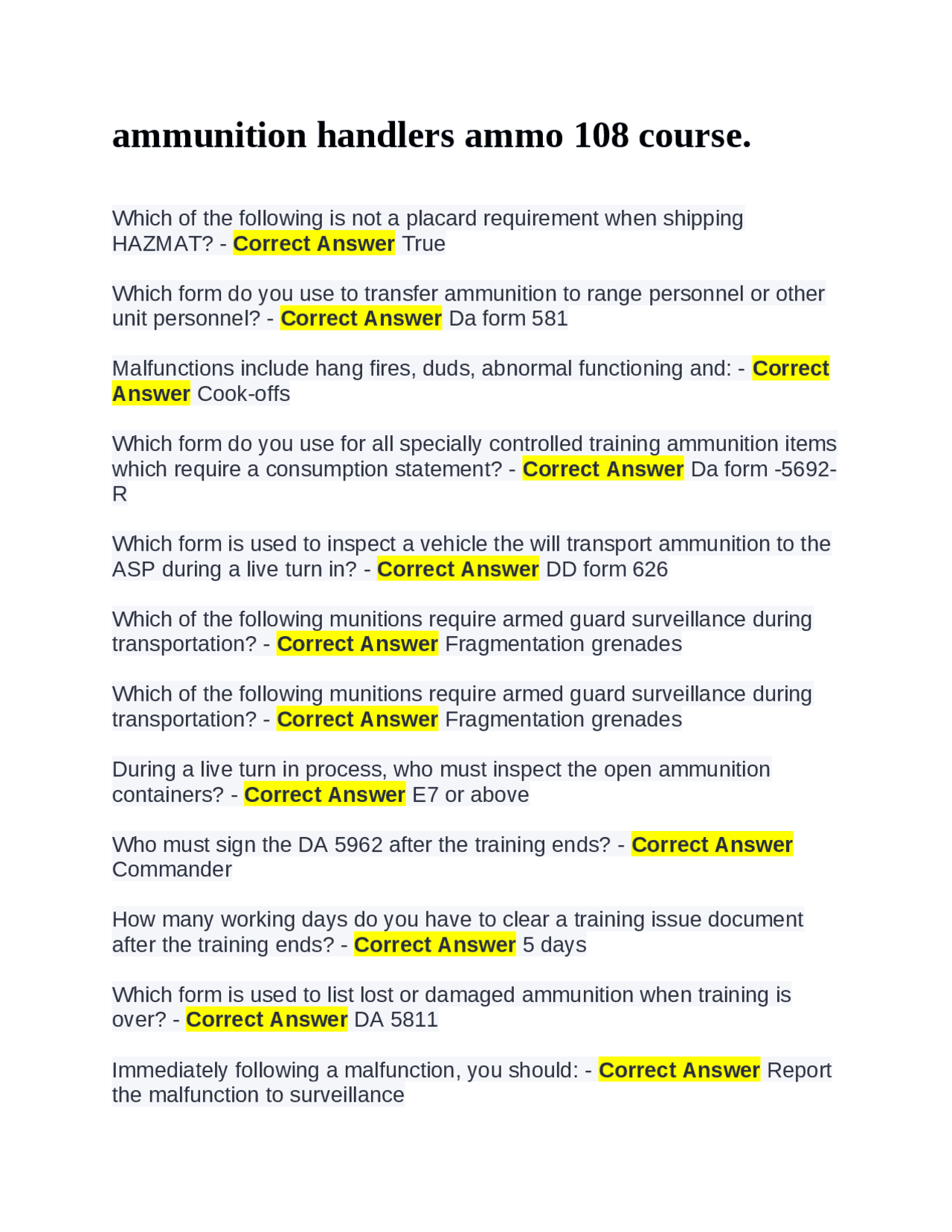 Ammunition Handlers Ammo 108 Course | Exams Medicine | Docsity