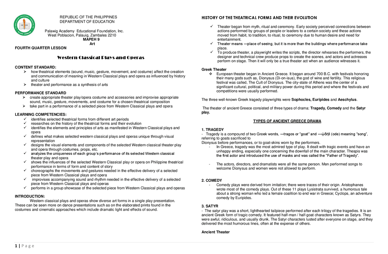 Art 9 pdf, Western classical plays and opera | Slides Art | Docsity