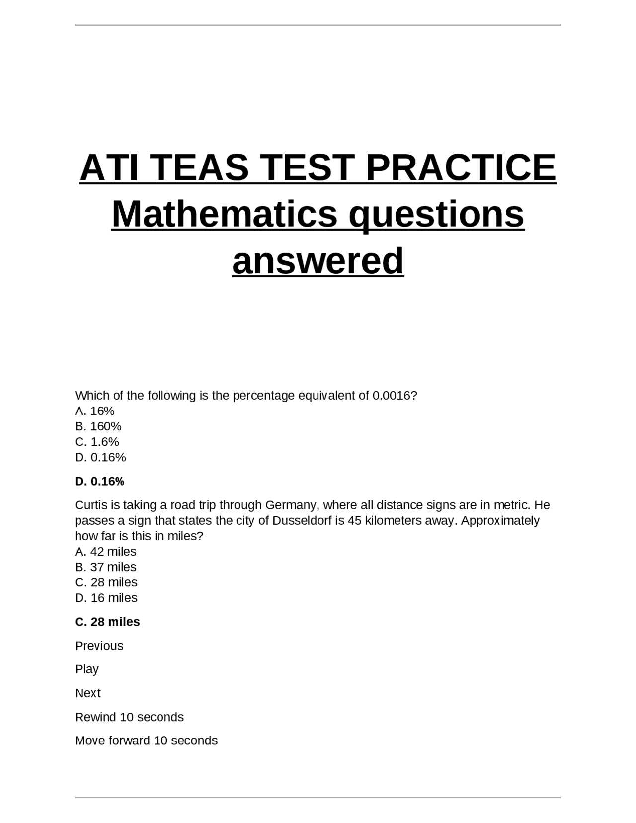 ATI TEAS Test Practice | Exams Nursing | Docsity
