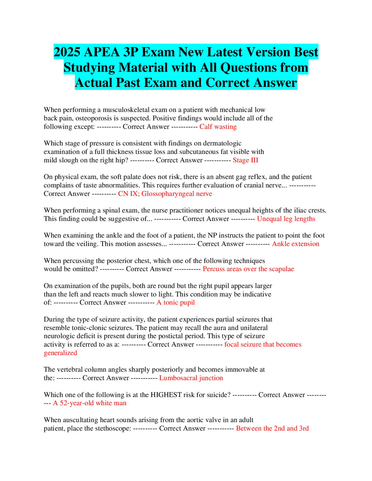 2025 APEA 3P Exam Study Material with Questions and Answers | Exams ...