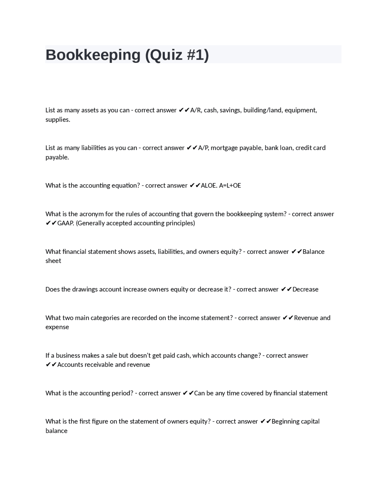 Bookkeeping (Quiz #1)questions with complete solutions | Exams Nursing ...