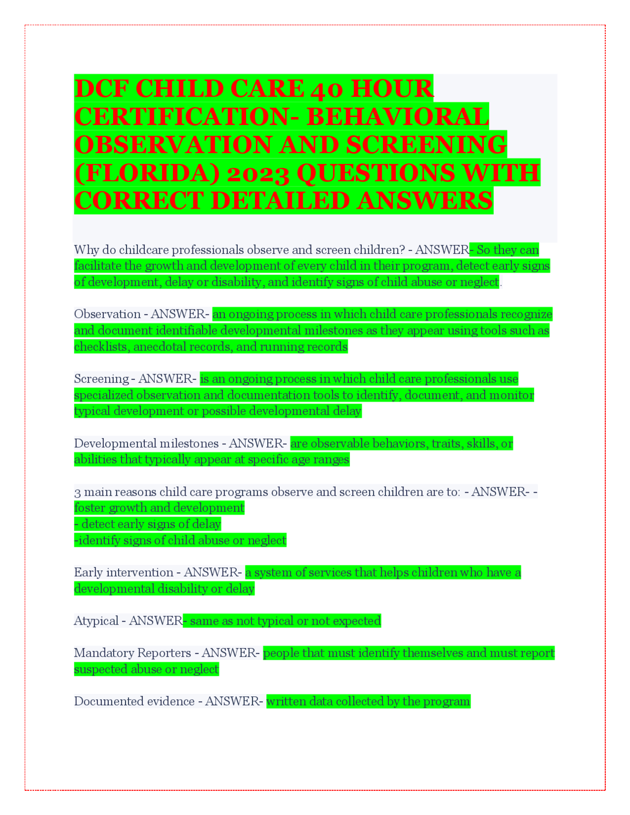 DCF Child Care 40 Hour Certification - Behavioral Observation and Screening (Florida) 2023 ...