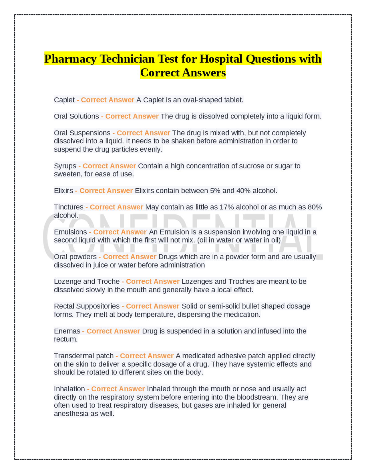 Pharmacy Technician Test for Hospital Questions with Correct Answers ...