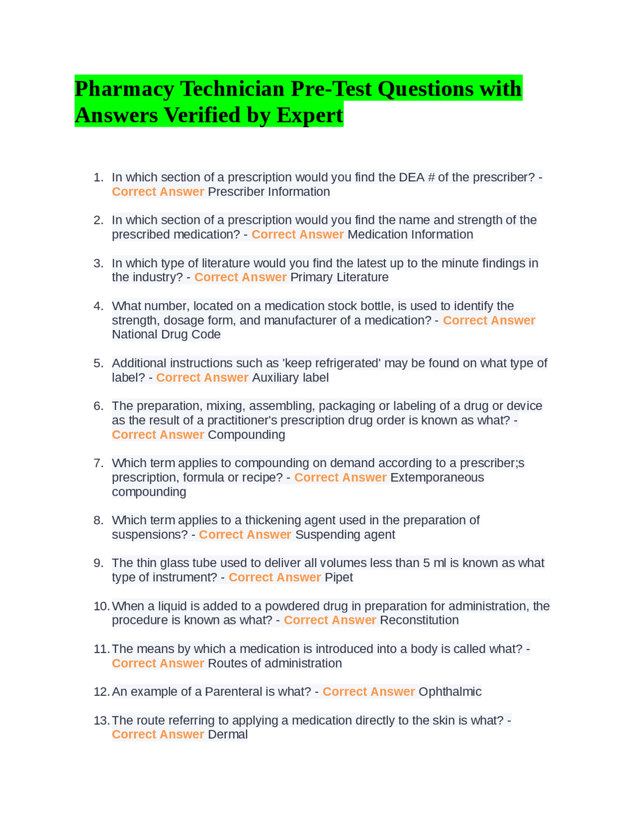 Pharmacy Technician Pre-Test Questions with Answers | Exams Pharmacy ...
