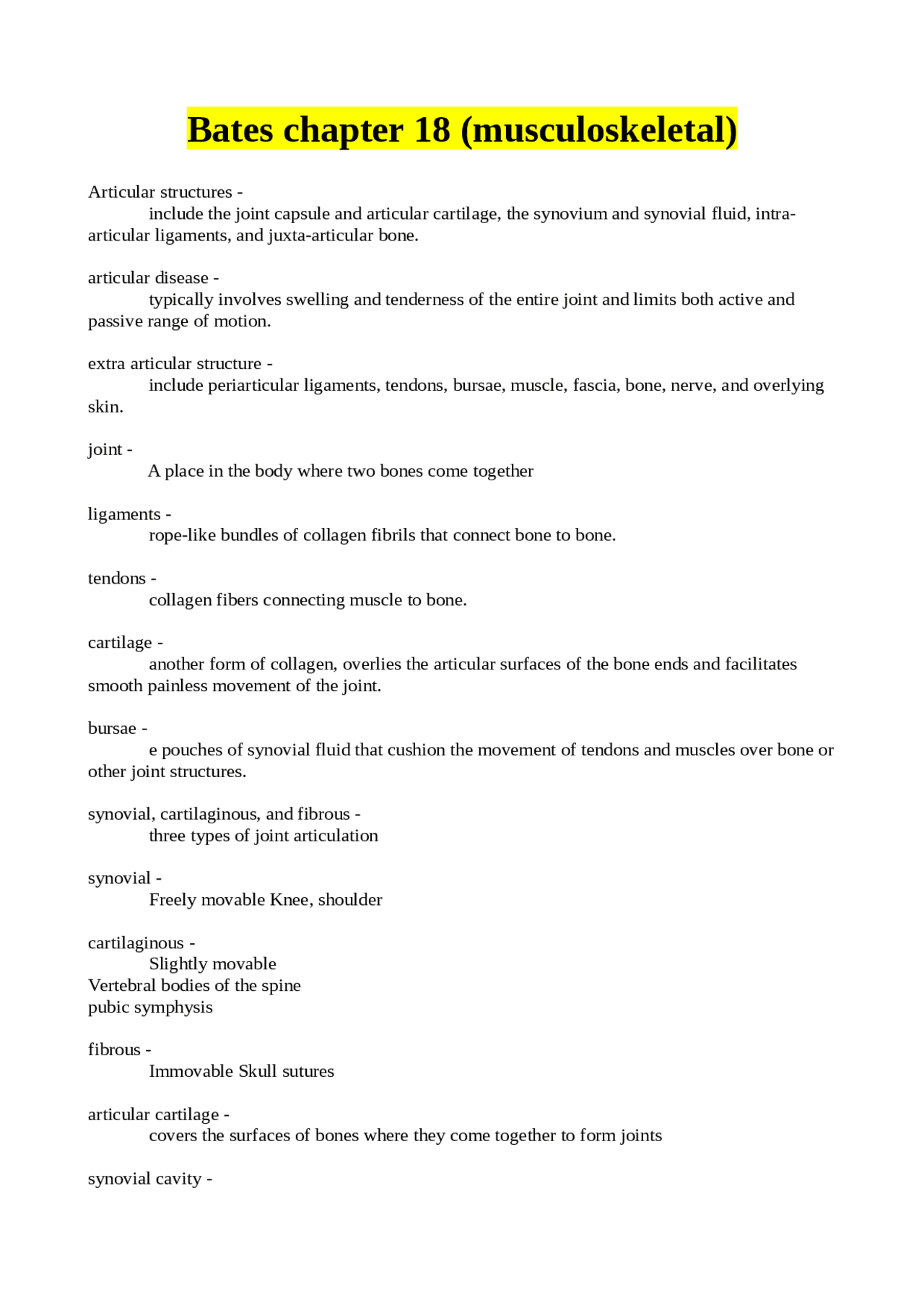 Musculoskeletal Structures and Disorders | Exams Nursing | Docsity