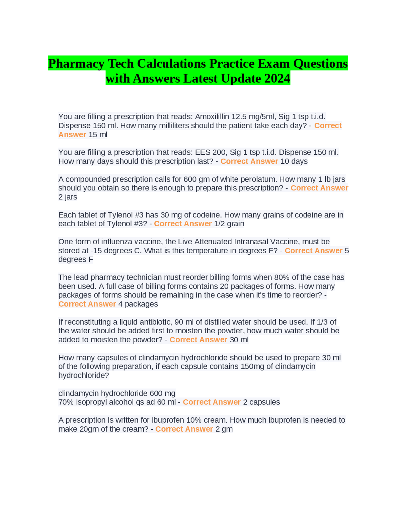 Pharmacy Tech Calculations Practice Exam Questions with Answers Latest ...