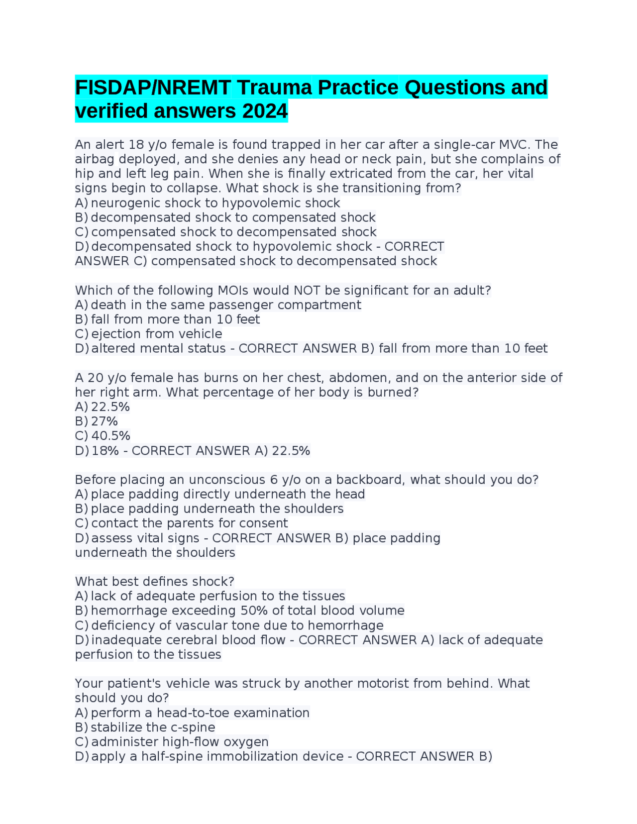 FISDAP/NREMT Trauma Practice Questions and verified answers 2024 | Exams Nursing | Docsity