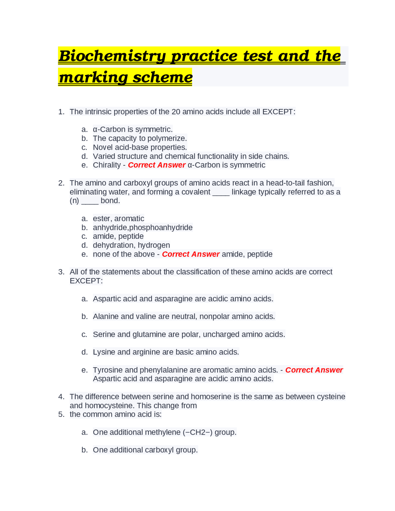 Biochemistry Practice Test and Marking Scheme | Exams Biochemistry ...