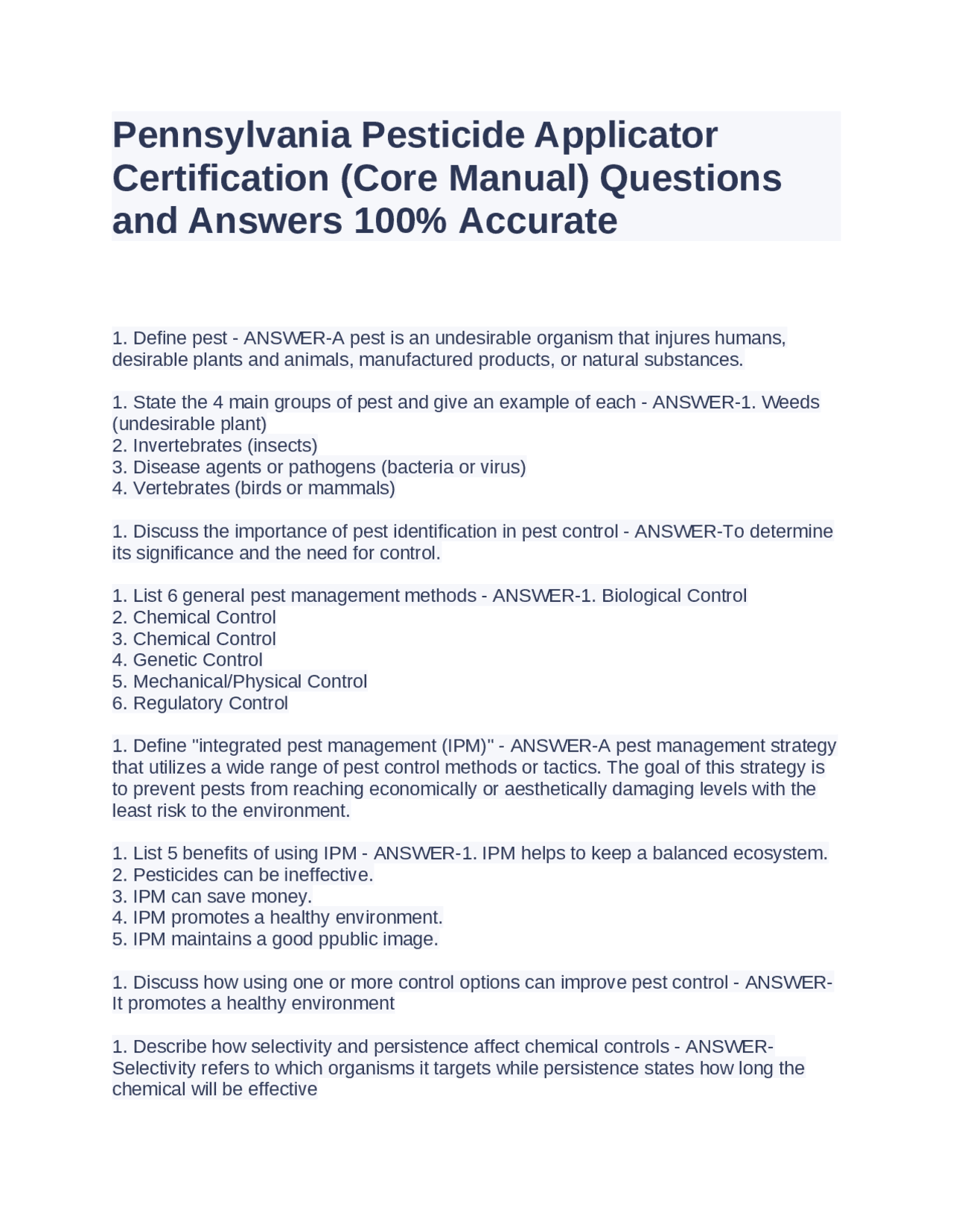Pennsylvania Pesticide Applicator Certification (Core Manual) Questions ...