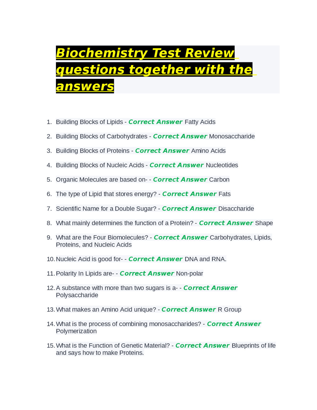 Biochemistry Test Review: Building Blocks and Functions of Biomolecules ...