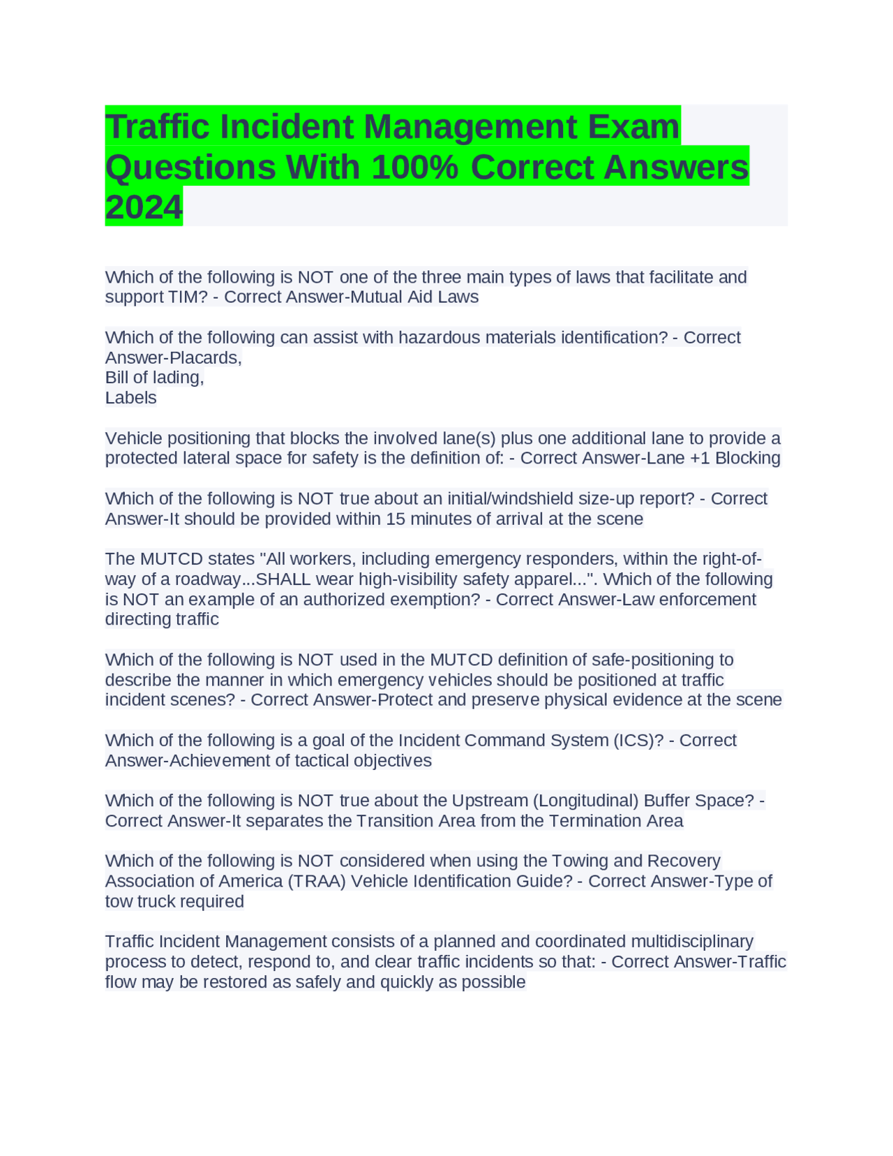 Traffic Incident Management Exam Questions With 100% Correct Answers ...