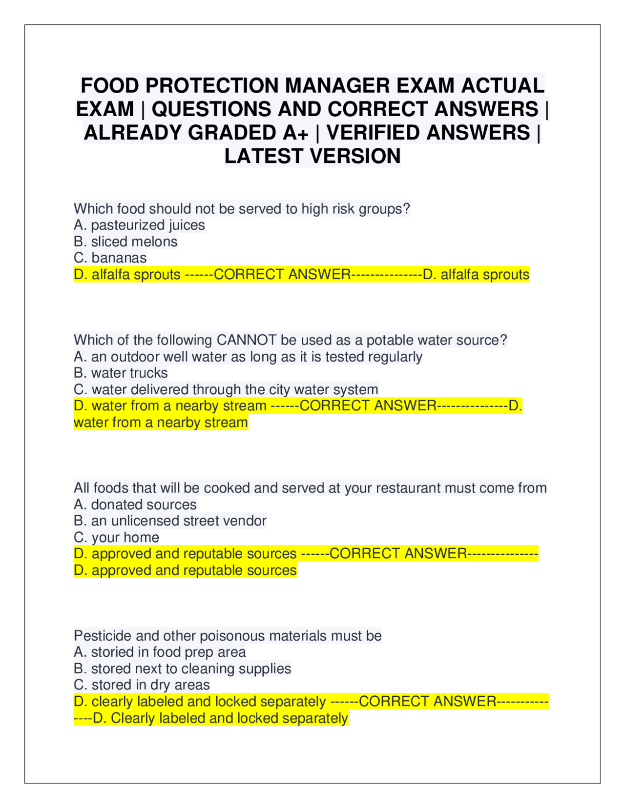 FOOD PROTECTION MANAGER EXAM ACTUAL EXAM | QUESTIONS AND CORRECT ...