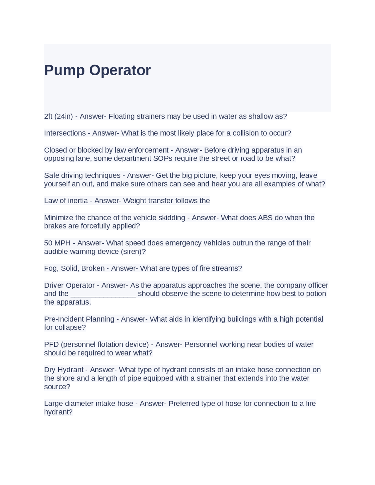 Pump Operator Exam Preparation | Exams Advanced Education | Docsity
