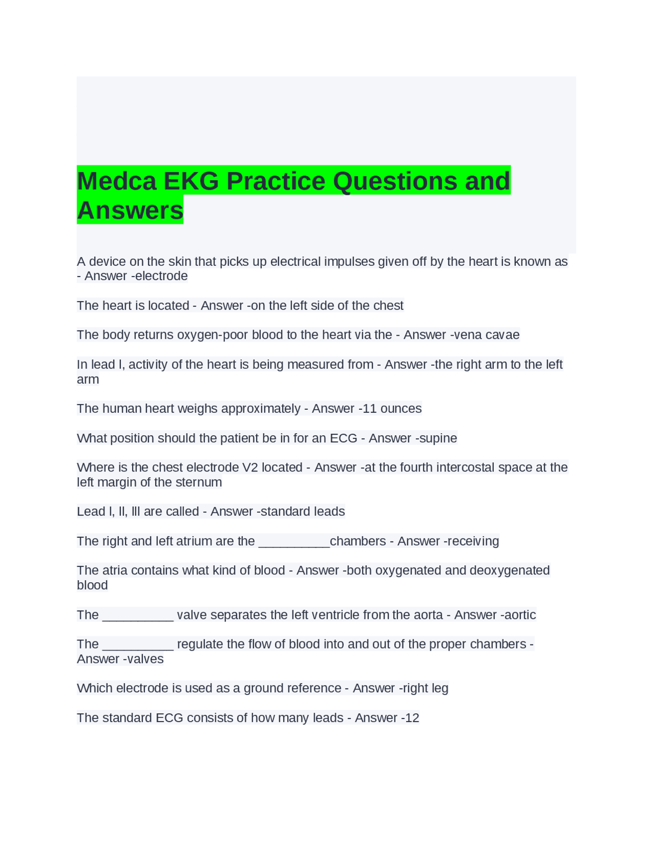 Medca EKG Practice Questions and Answers | Exams Medicine | Docsity