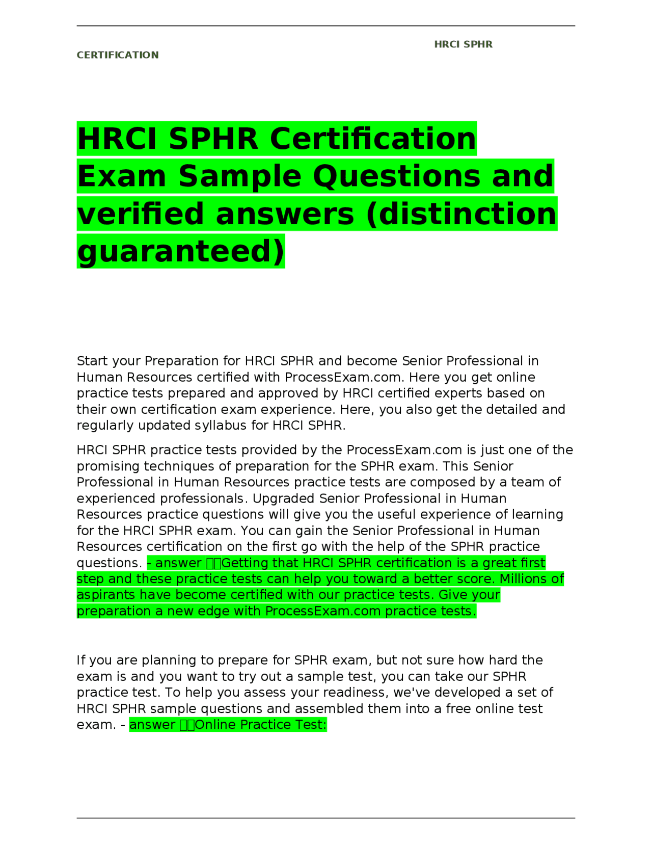 HRCI SPHR Certification Exam Sample Questions and Answers | Exams ...
