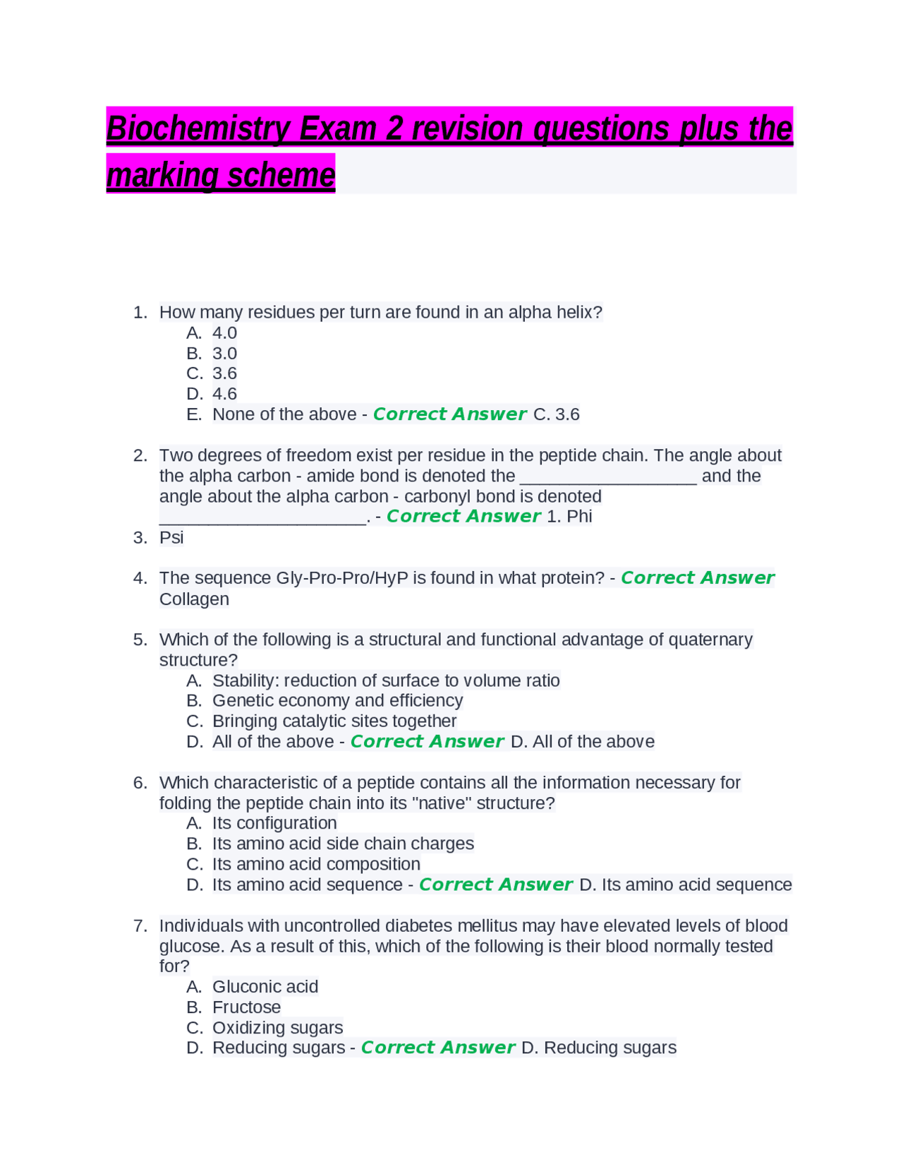Biochemistry Exam 2 Revision Questions | Exams Biochemistry | Docsity