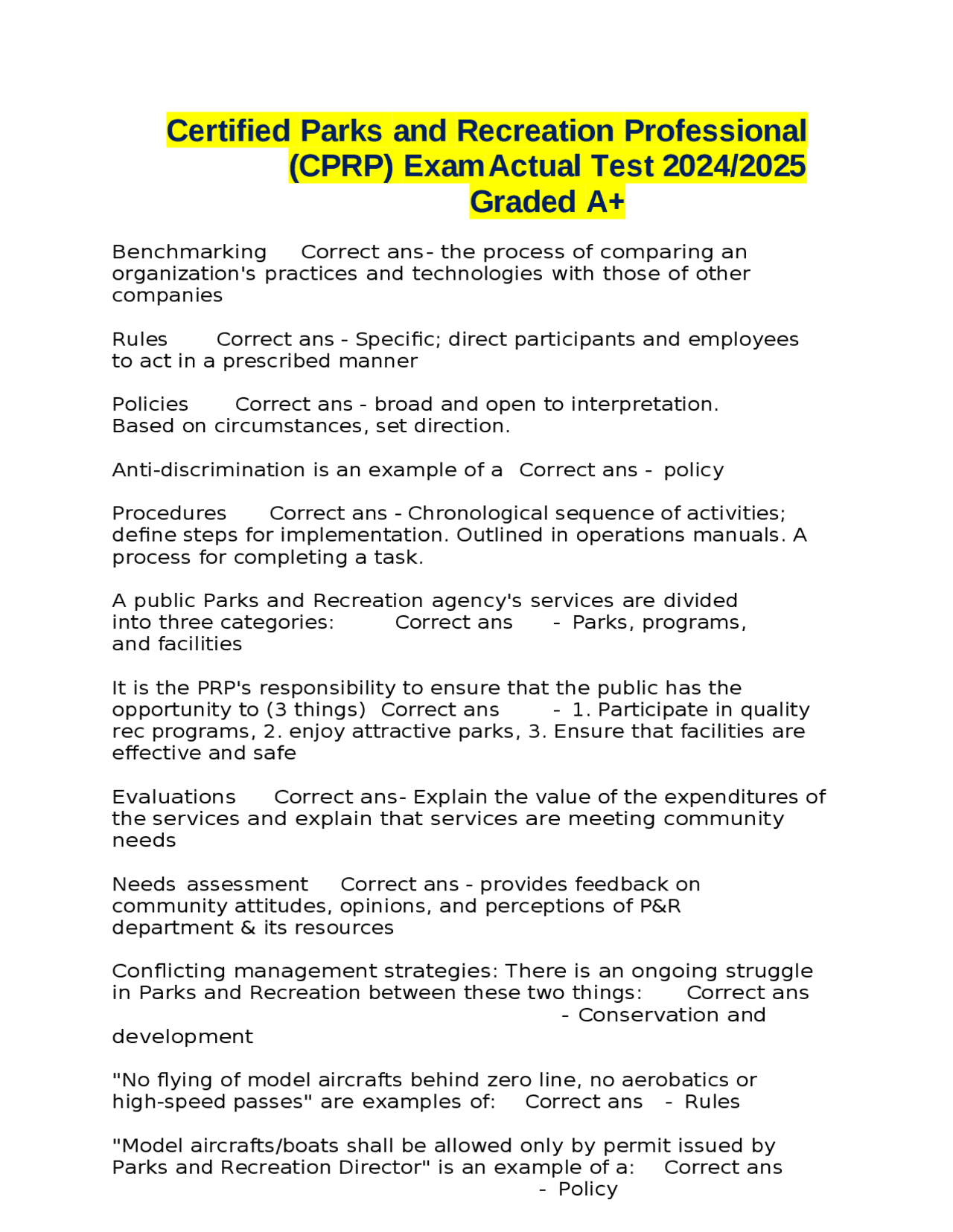 Certified Parks and Recreation Professional (CPRP) Exam Actual Test ...