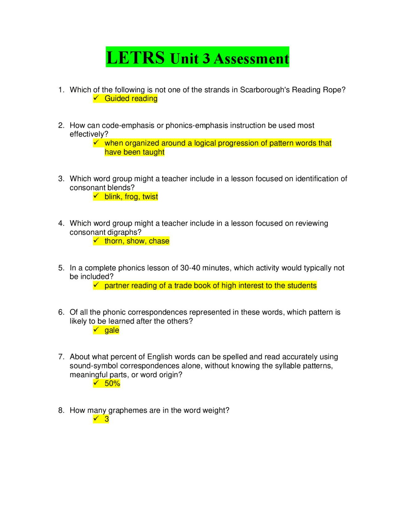 LETRS Unit 3 Assessment (GRADED A) Questions and Answers ( 100% ...