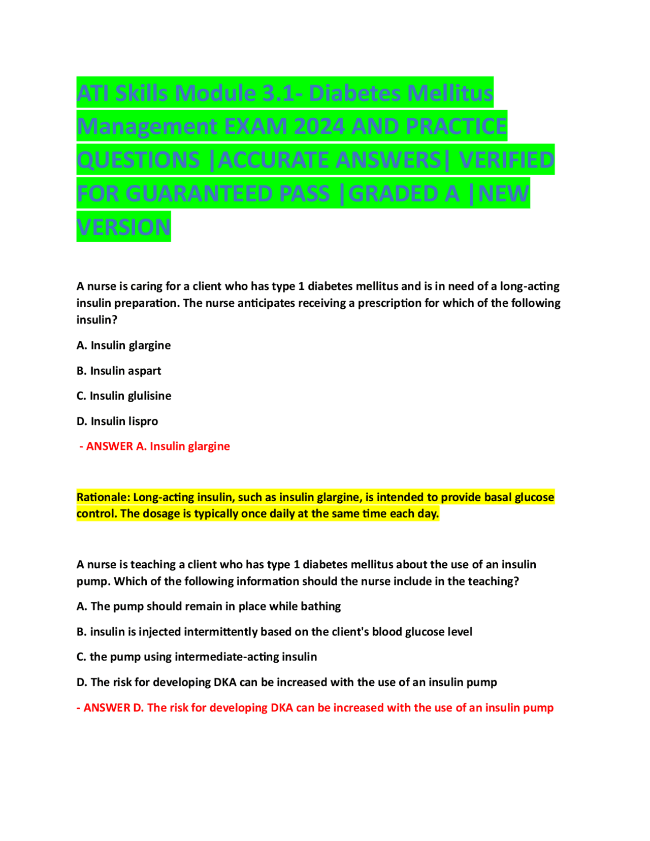 AT Skills Module 3.1- Diabetes Mellitus Management EXAM 2024 AND ...