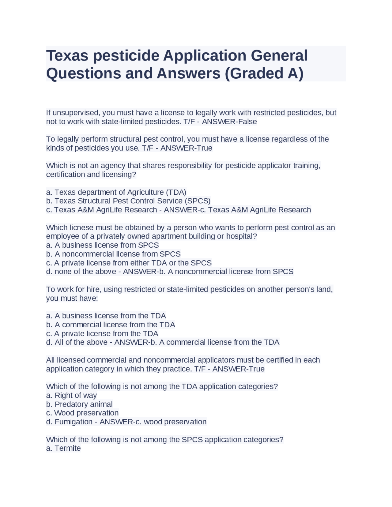 Texas pesticide Application General Questions and Answers (Graded A ...