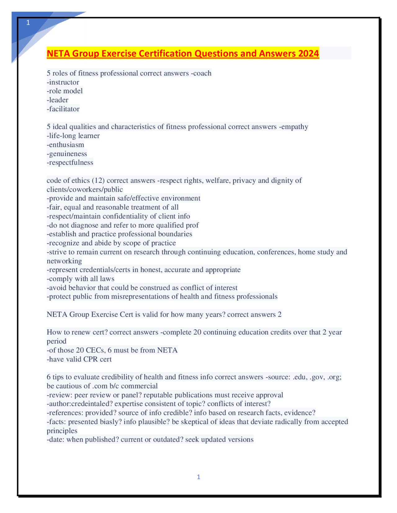 NETA Group Exercise Certification Questions and Answers 2024 | Exams ...