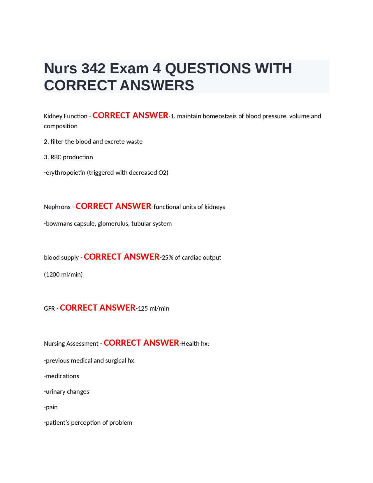 Nurs 342 Exam 4 QUESTIONS WITH CORRECT ANSWERS | Exams Nursing | Docsity