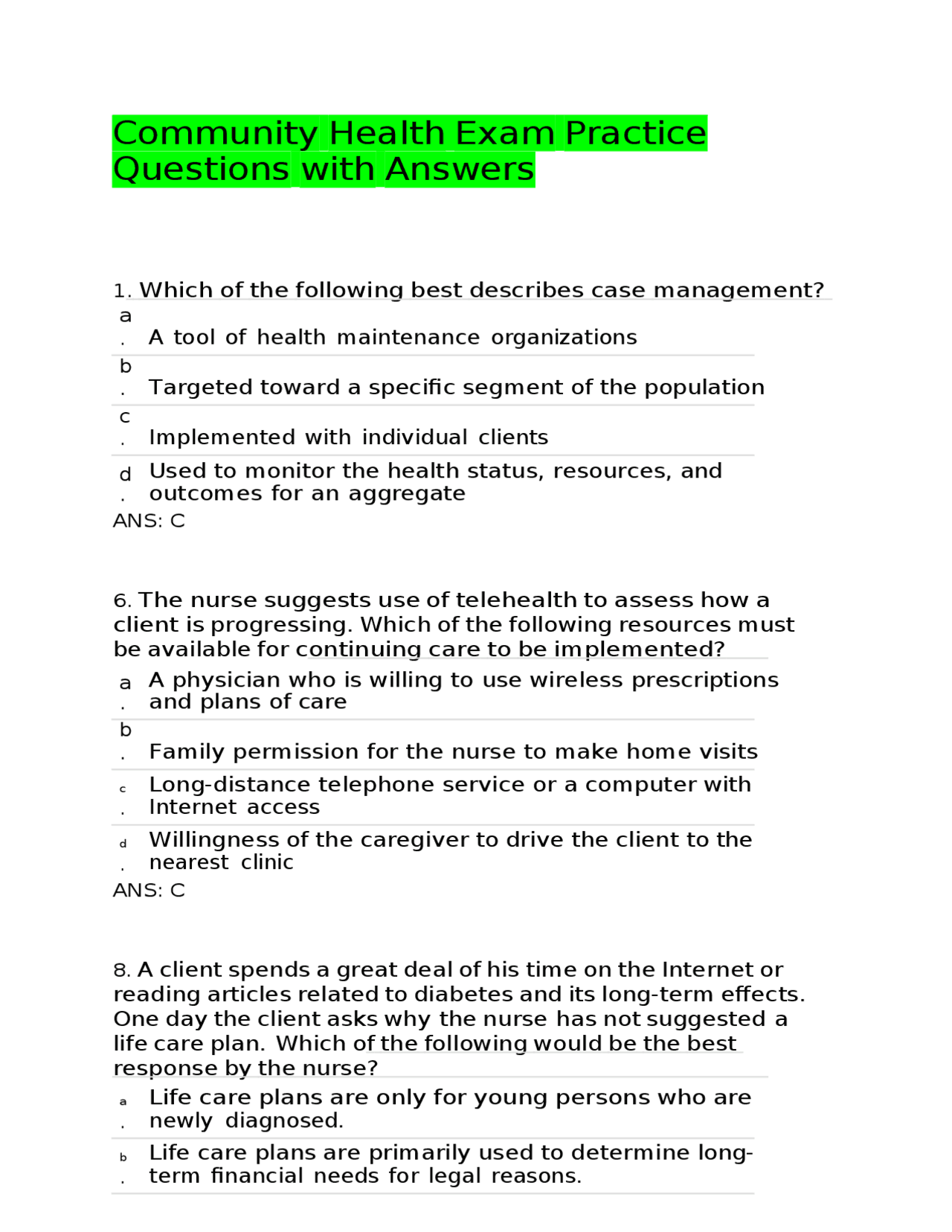 Community Health Exam Practice Questions with Answers | Exams Community ...