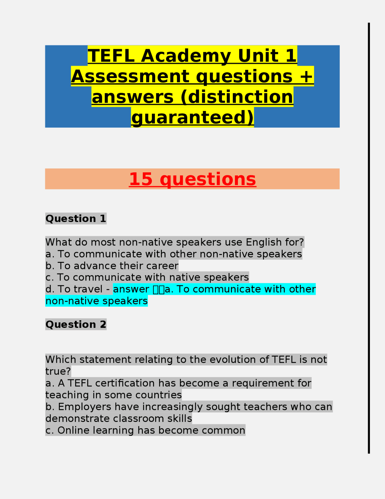 TEFL Academy Unit 1 Assessment questions and answers (distinction ...