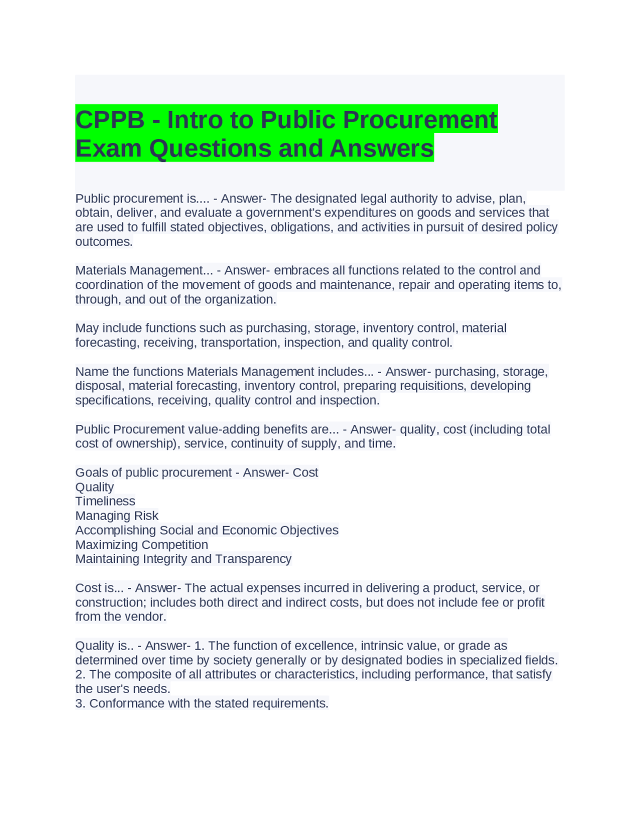 CPPB - Intro to Public Procurement Exam Questions and Answers | Exams ...