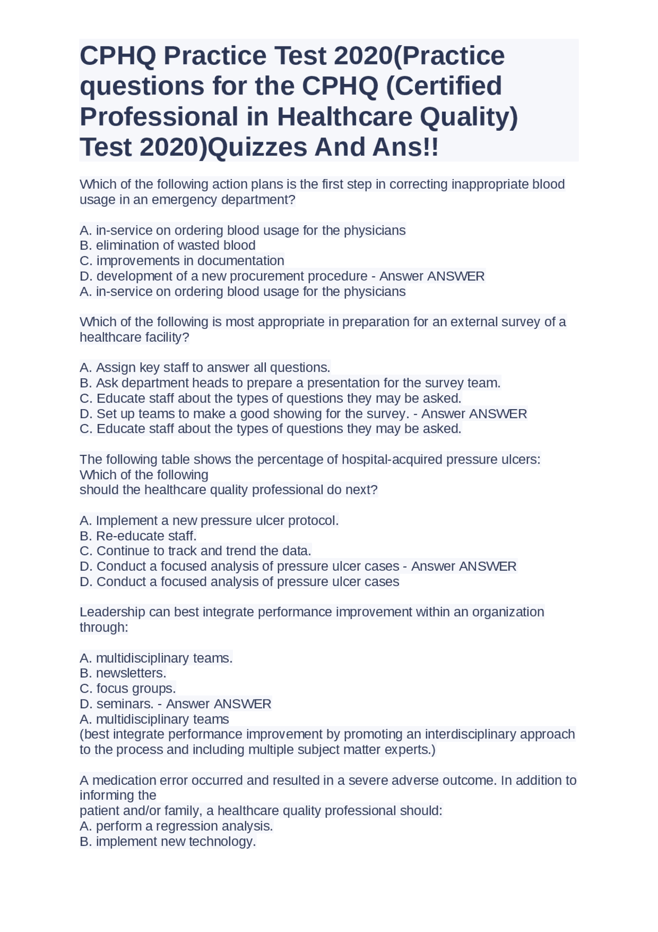 CPHQ Practice Test 2020(Practice questions for the CPHQ (Certified ...