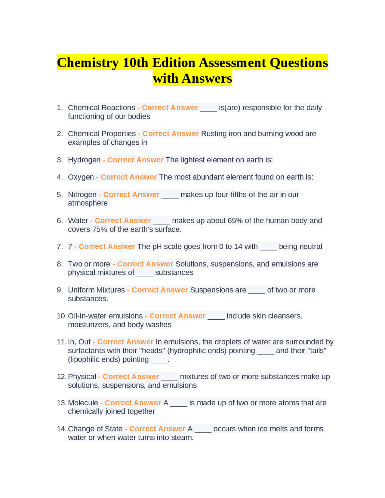 Chemistry 10th Edition Assessment Questions with Answers | Exams ...