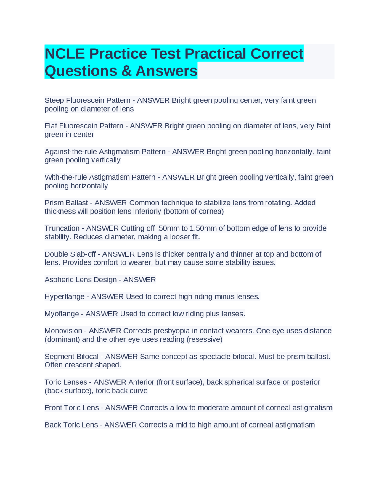 NCLE Practice Test Practical Correct Questions & Answers | Exams ...