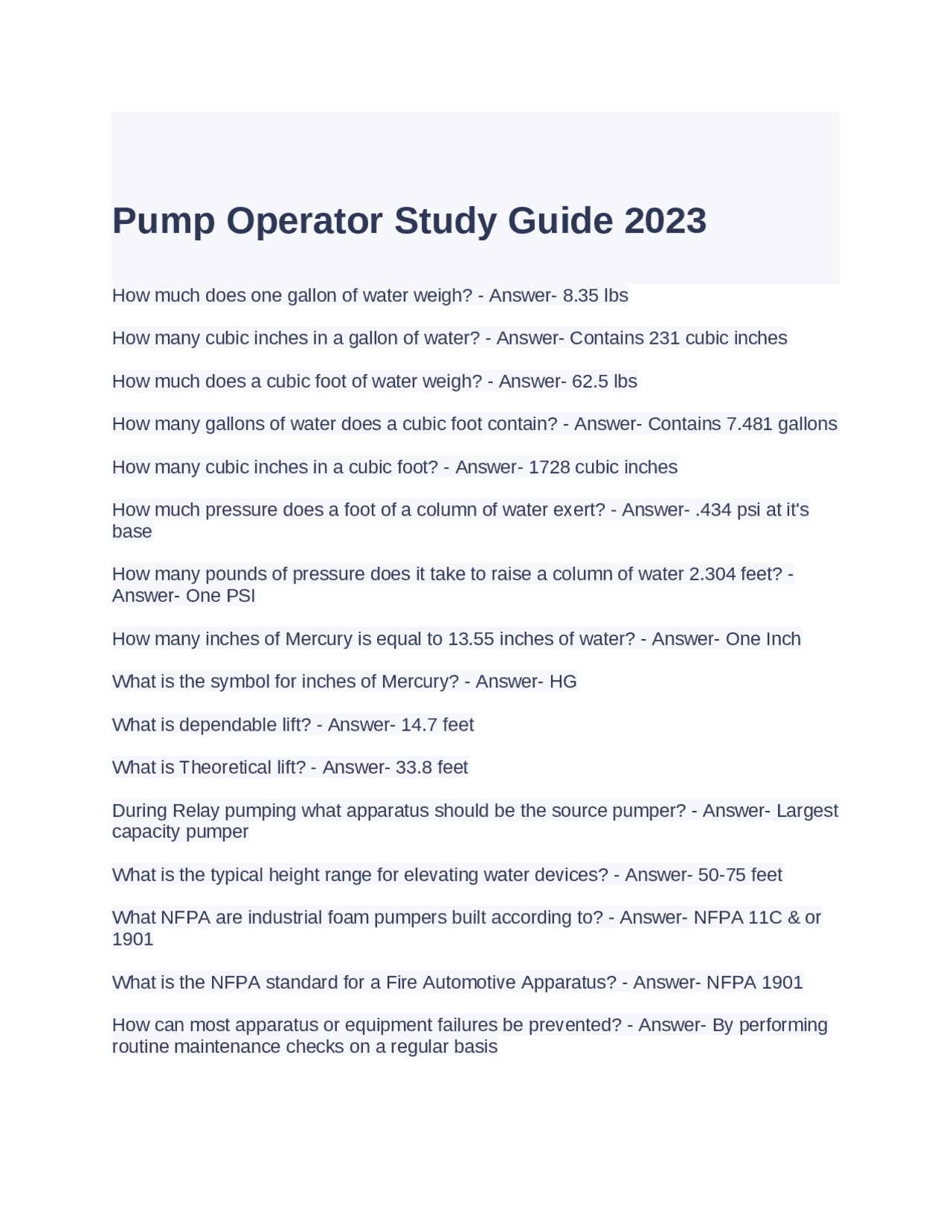 Pump Operator Study Guide 2023-2024 | Exams Advanced Education | Docsity
