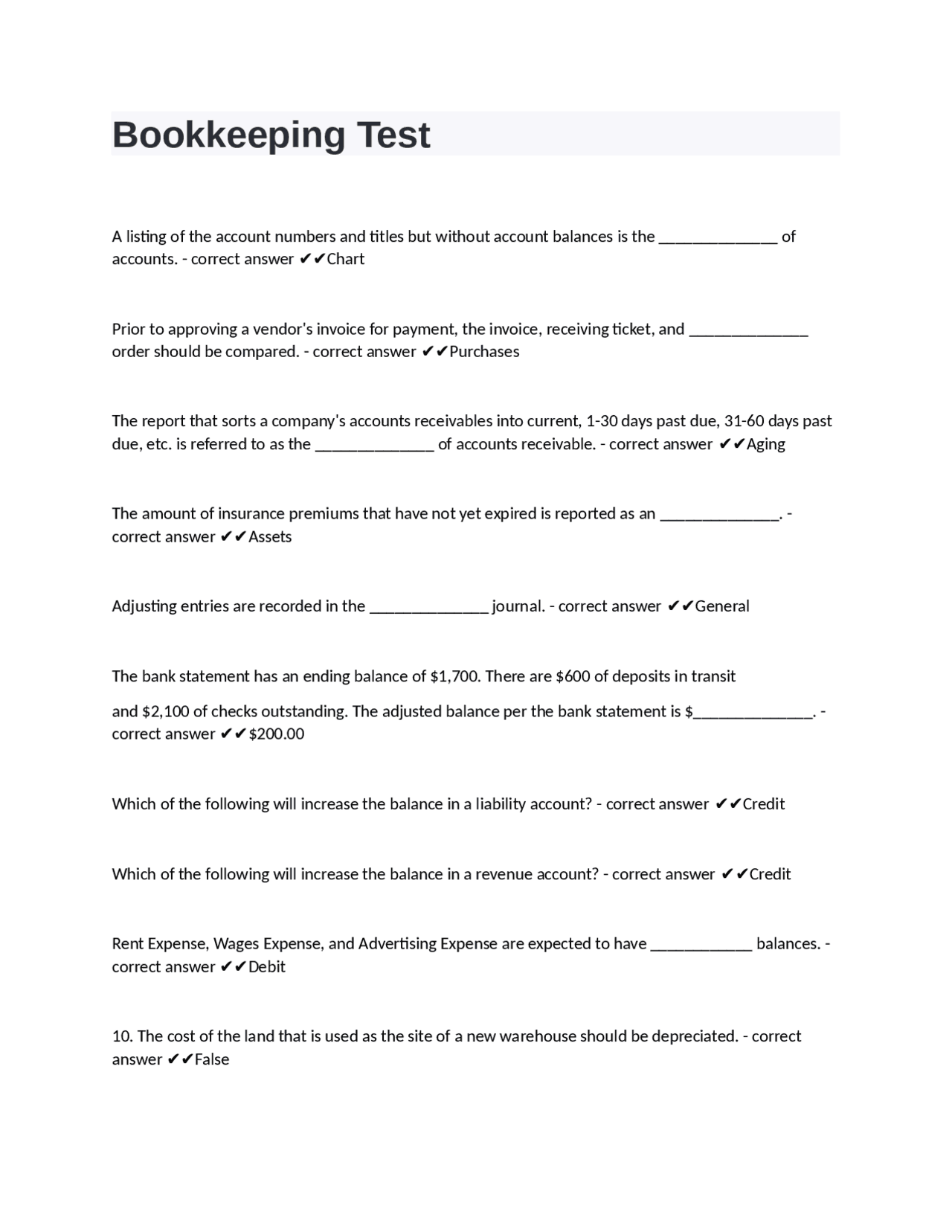 Bookkeeping Test: Assessing Accounting Knowledge | Exams Nursing | Docsity