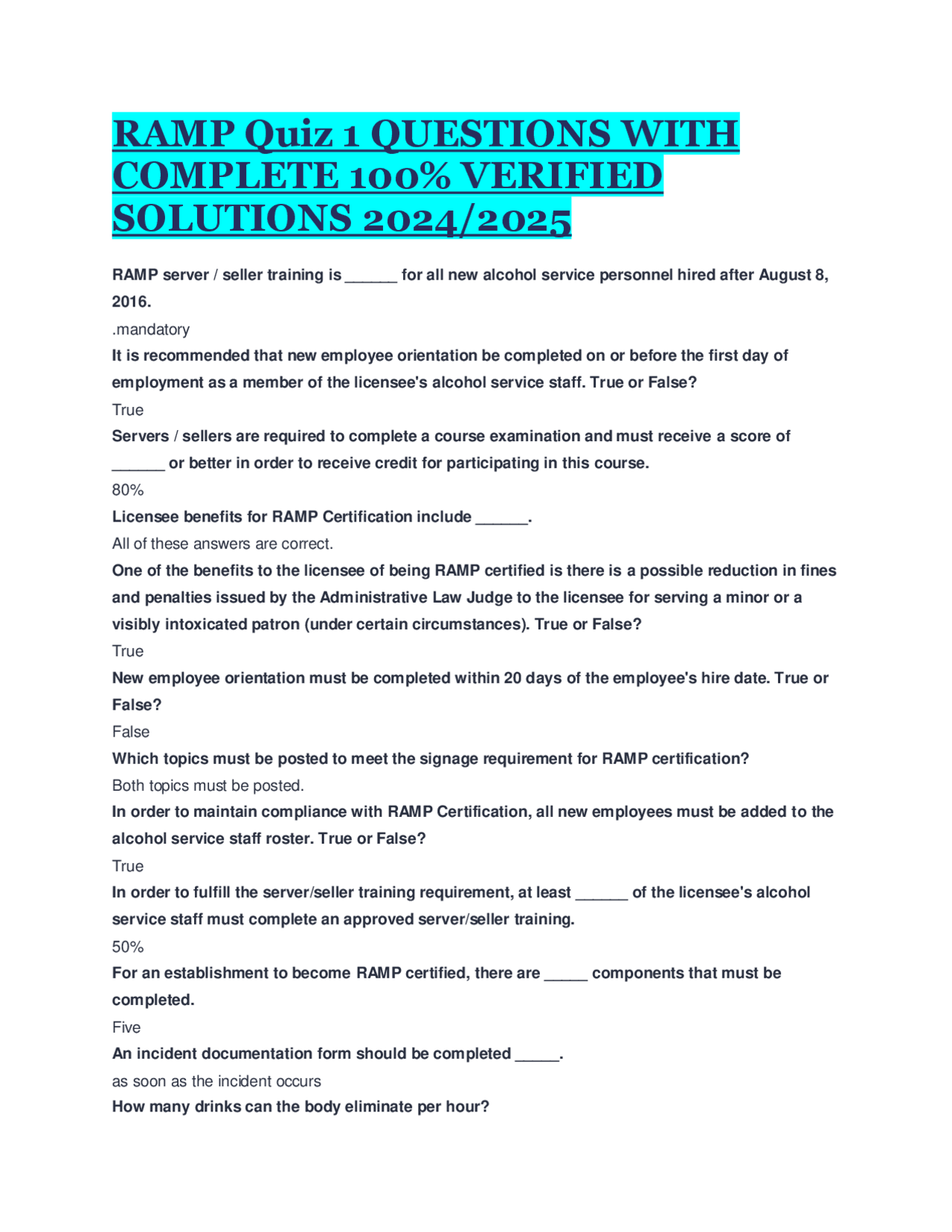 RAMP Quiz 1 QUESTIONS WITH COMPLETE 100% VERIFIED SOLUTIONS 2024/2025 ...
