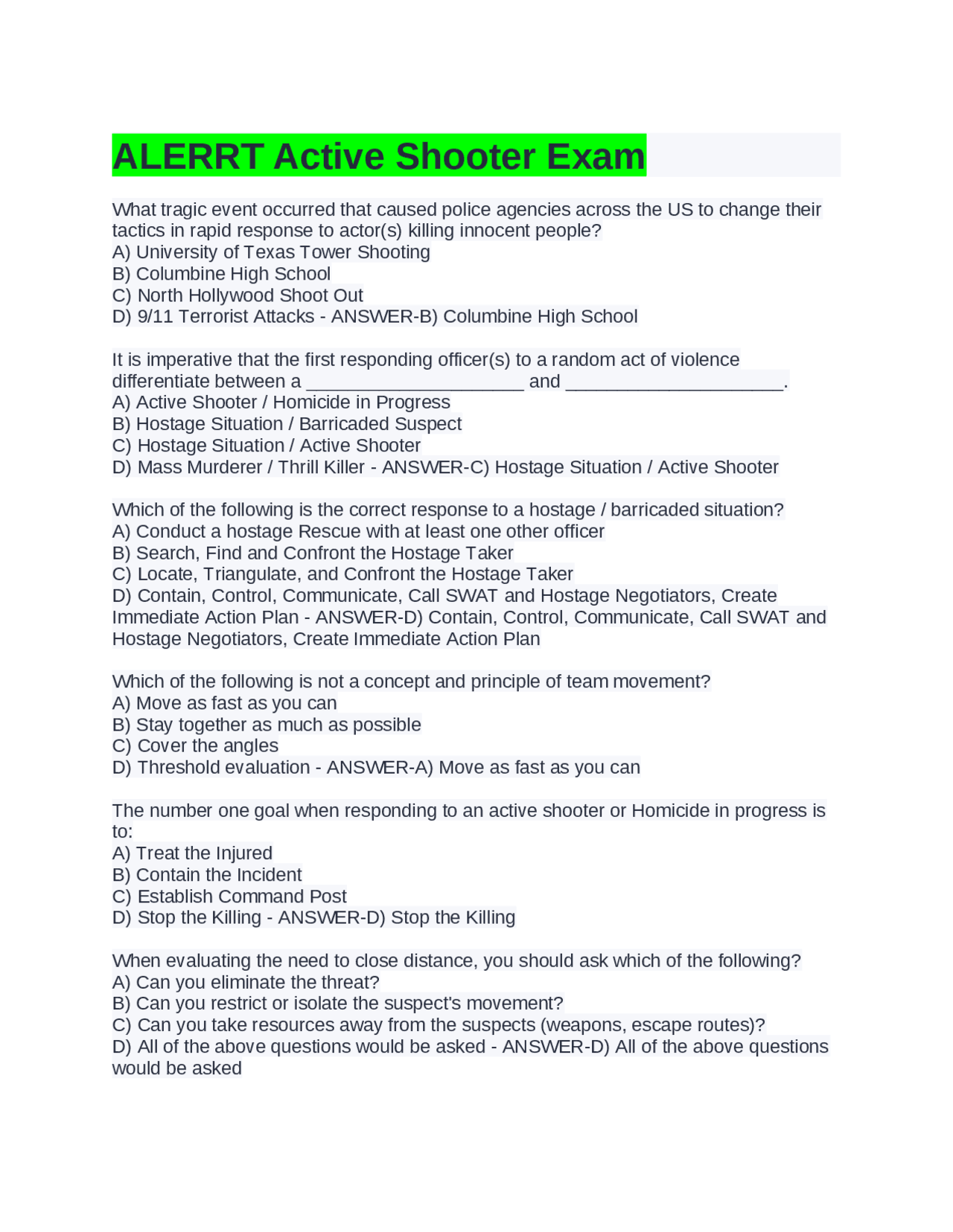 ALERRT Active Shooter Exam | Exams Public Law | Docsity